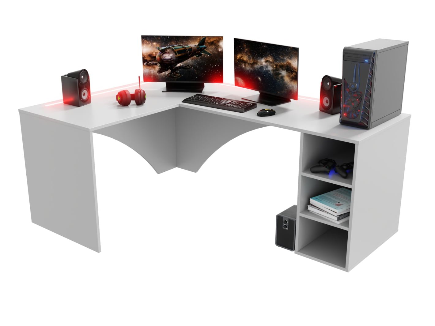 Rohový herní pc stůl Carbon (bílá) (L) (s RGB LED osvětlením ...