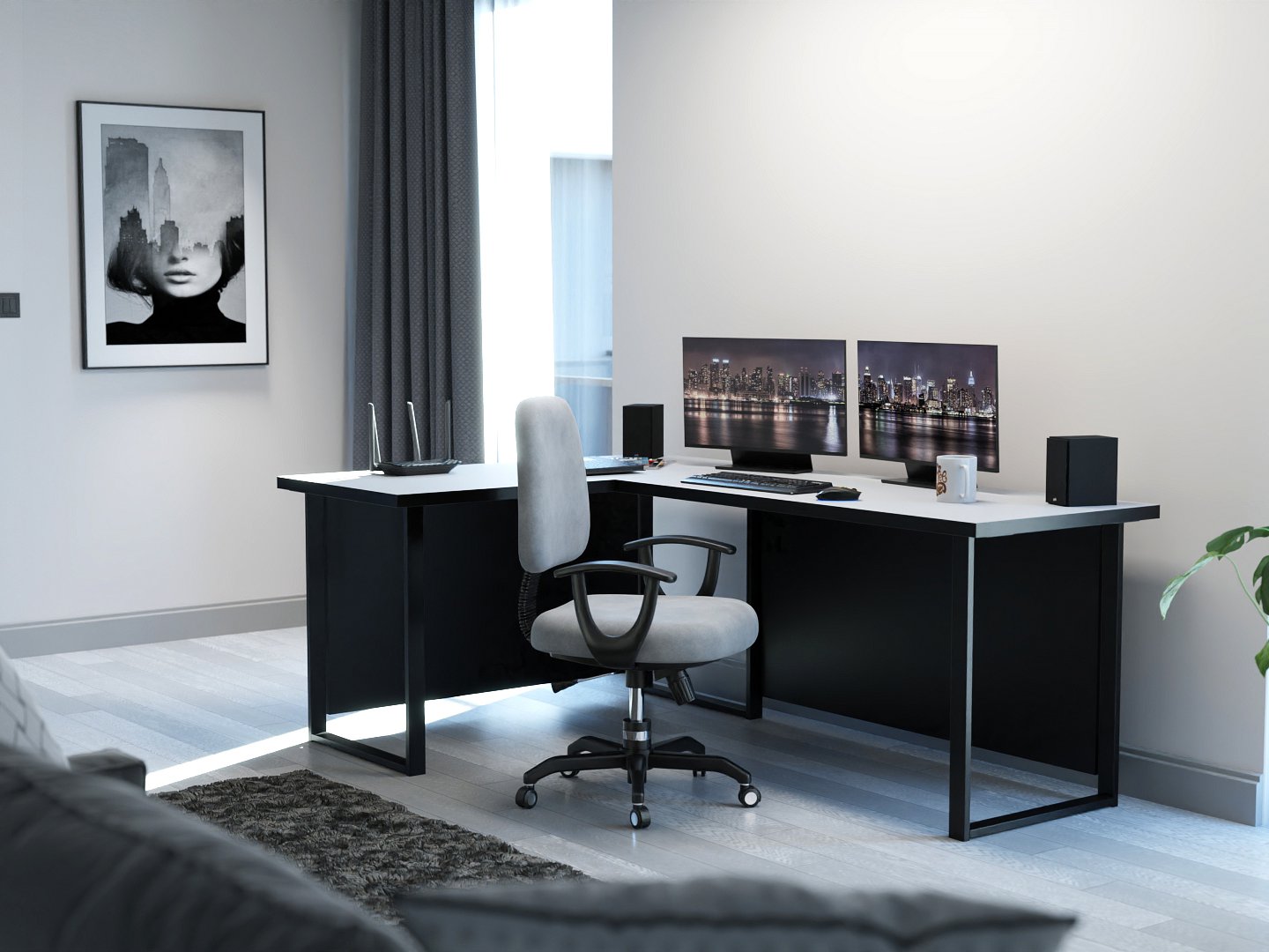 Rohový pc stůl Vintid (bílá + černá) | HezkyNabytek