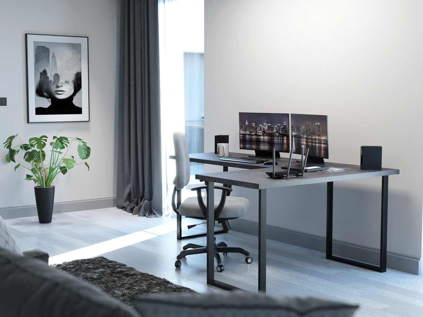 Rohový pc stůl Vintid (tmavý beton) | HezkyNabytek