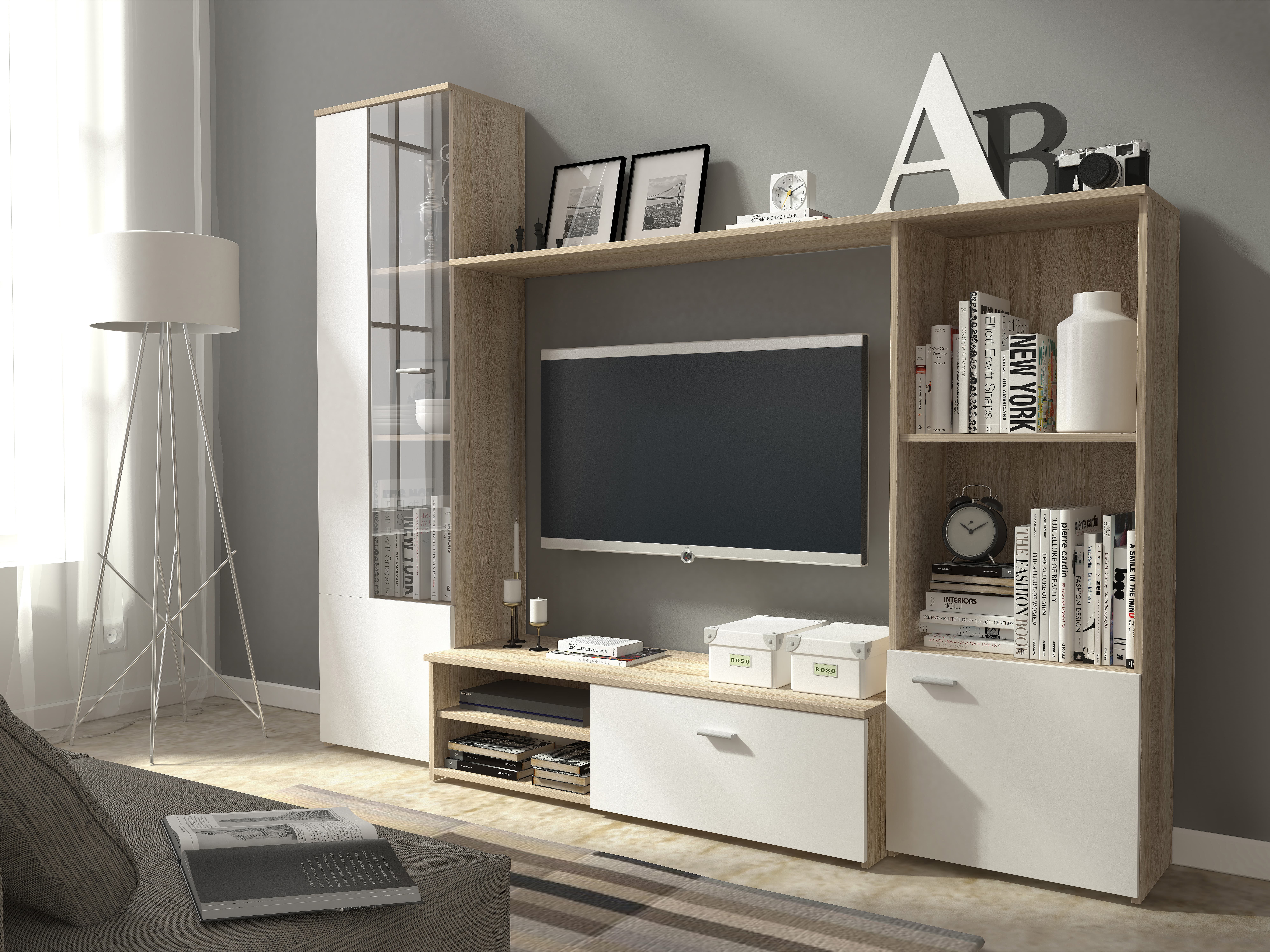 Obývací stěna Houston (dub sonoma + bílá) | HezkyNabytek