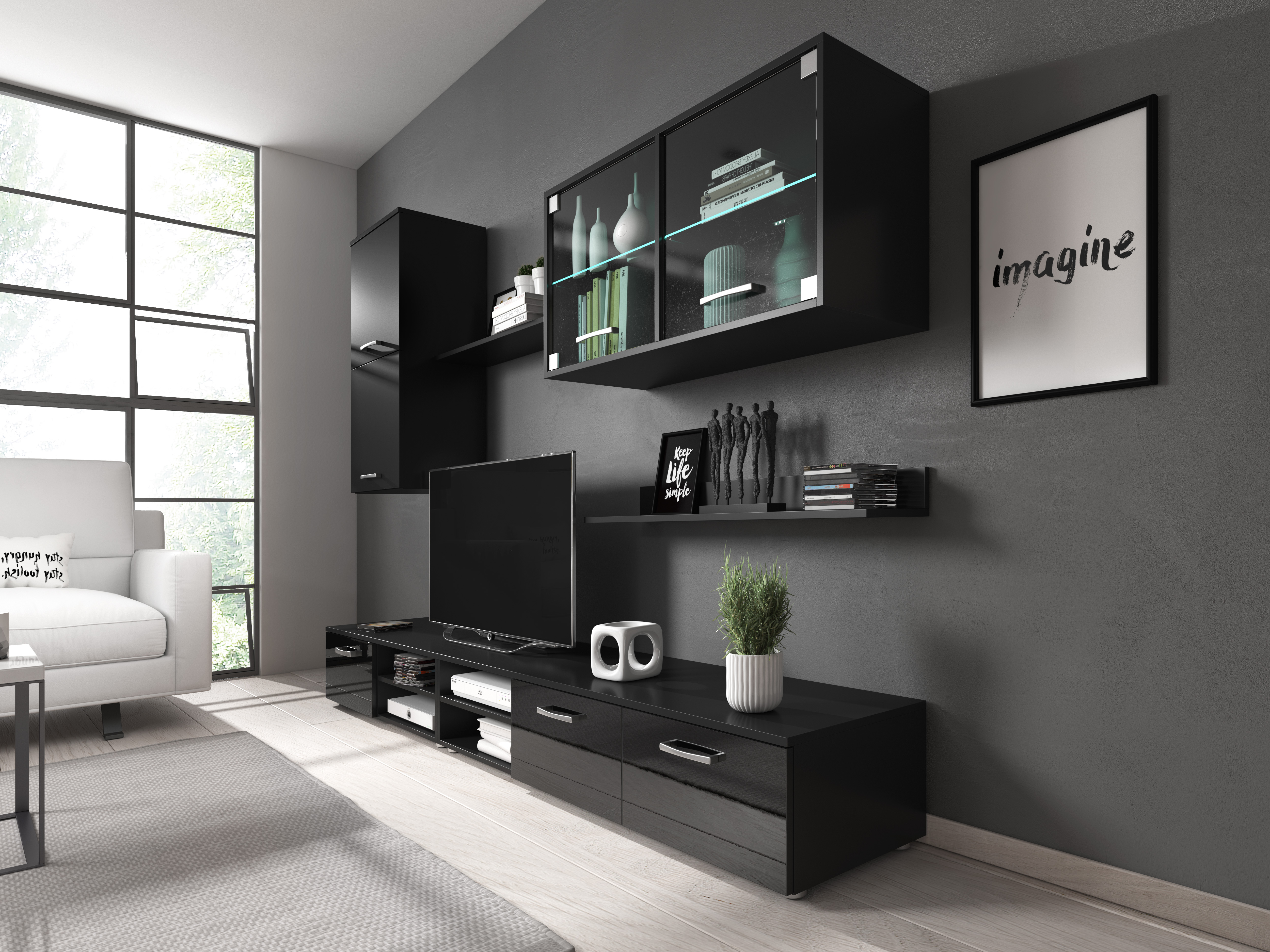 Obývací stěna Klara (černá + lesk černý) (s LED osvětlením) | HezkyNabytek